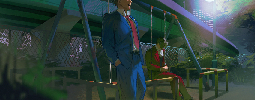 Safebooru - 2boys absurdres ace attorney black hair blue suit building bush collar commentary ...