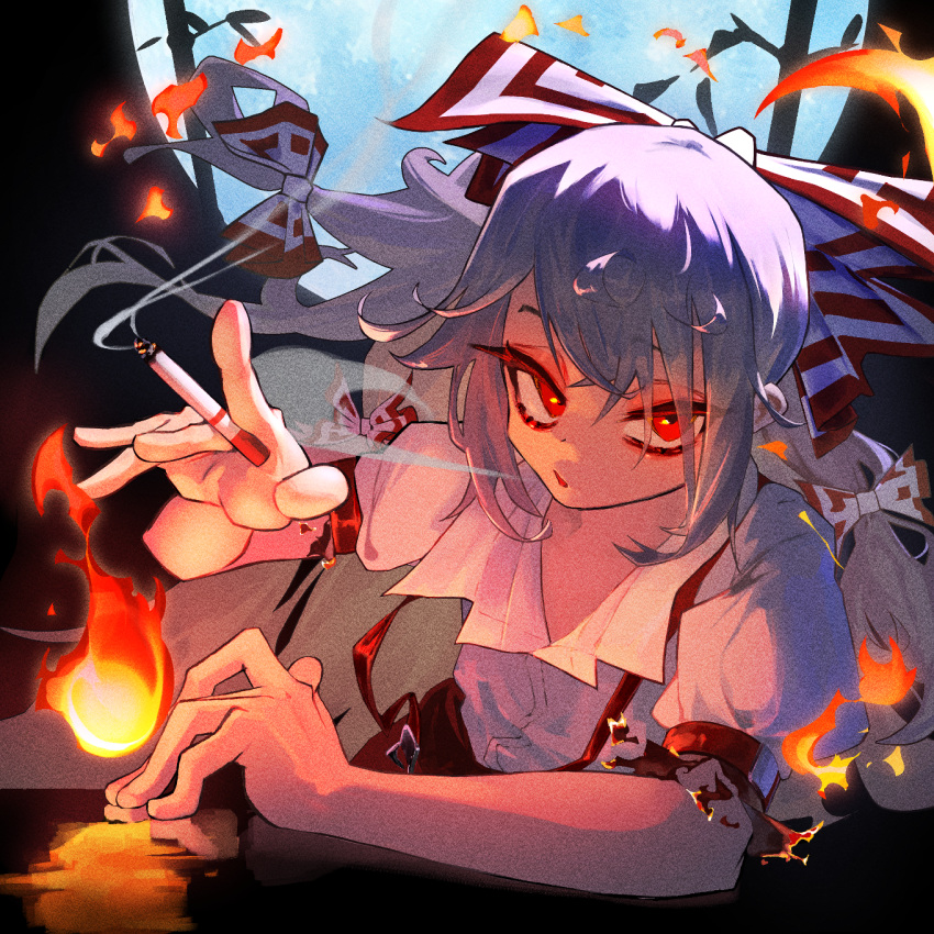 Safebooru - 1girl bamboo bamboo forest bow cigarette collared shirt fire forest fujiwara no ...