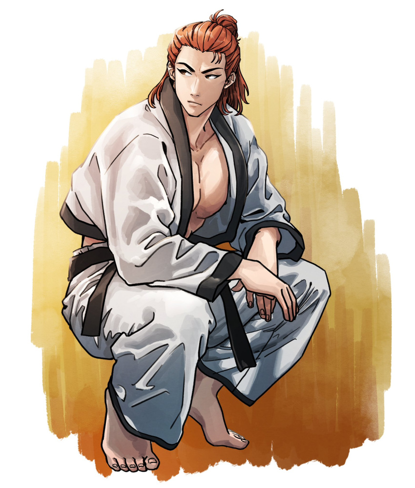 Safebooru - 1boy arm on knee barefoot belt black belt black trim ...