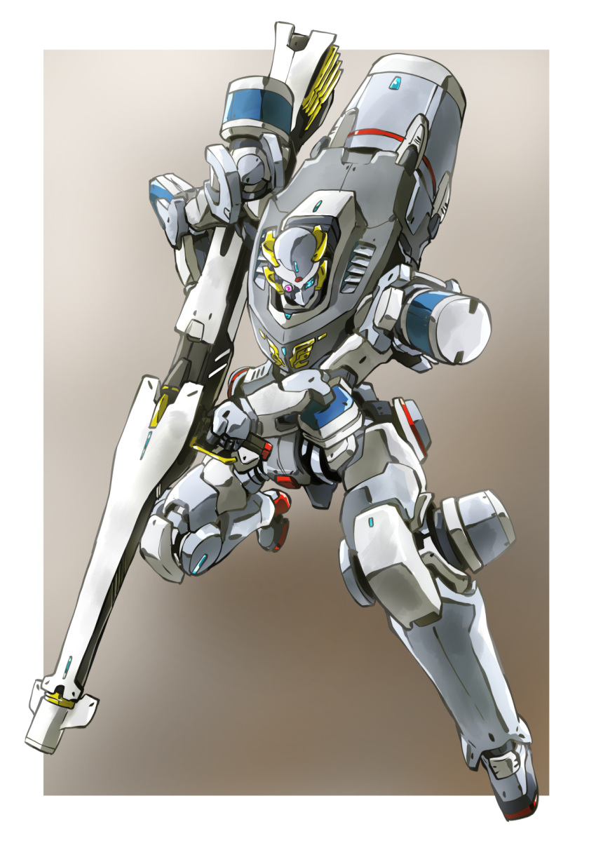 Safebooru - blue eyes border brown background gun heterochromia highres ...