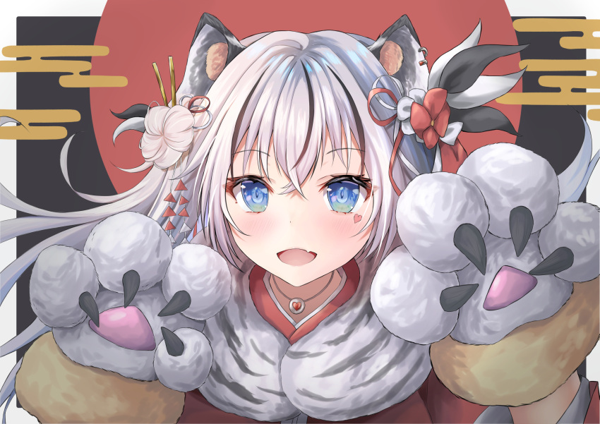 Safebooru - 1girl animal ear piercing animal ears animal hands blue eyes blush egasumi eyelashes ...