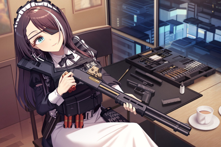 Safebooru - 1girl angel ina apron benelli m3 black dress blue eyes ...