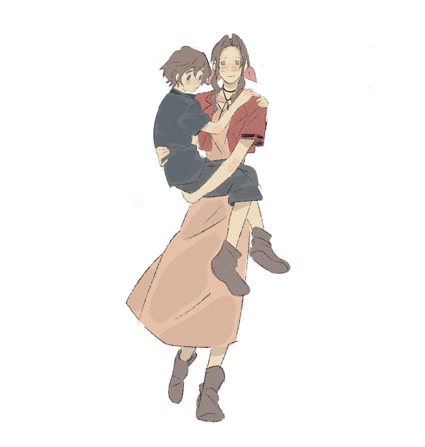 Safebooru - 1boy 1girl aerith gainsborough arms around neck boots brown footwear brown hair ...