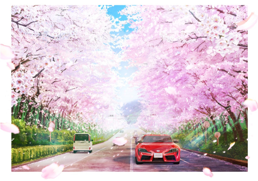 Safebooru - blue sky border bush car cherry blossoms commentary request ...