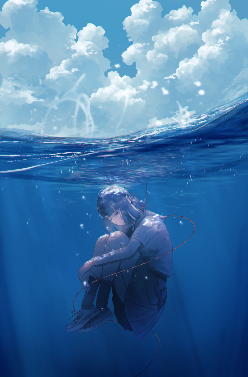 Safebooru - 1girl absurdres black hair blue sky blunt bangs closed eyes clouds cloudy sky ...