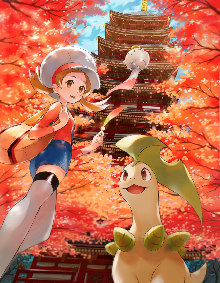 Safebooru - 1girl absurdres autumn leaves bag bayleef blue overalls ...