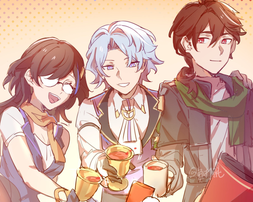 Safebooru - :d black gloves black jacket blue hair blue vest brown hair ...