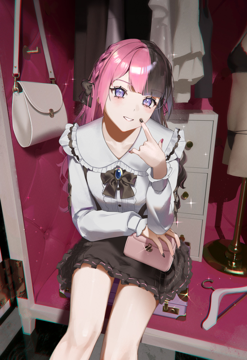 Safebooru - 1girl absurdres bag black bow black hair black nails black skirt blue brooch blue ...