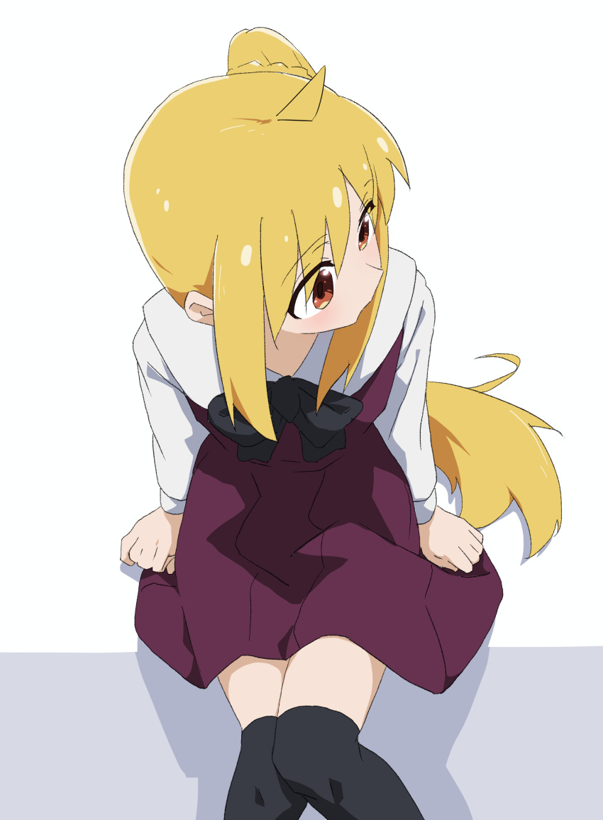 Safebooru - 1girl absurdres ahoge arms at sides black bow black bowtie black thighhighs blonde ...