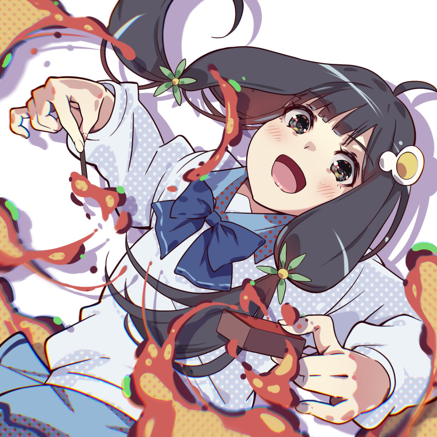 Safebooru - 1girl ahoge araragi tsukihi arson black hair blue bow blue ...