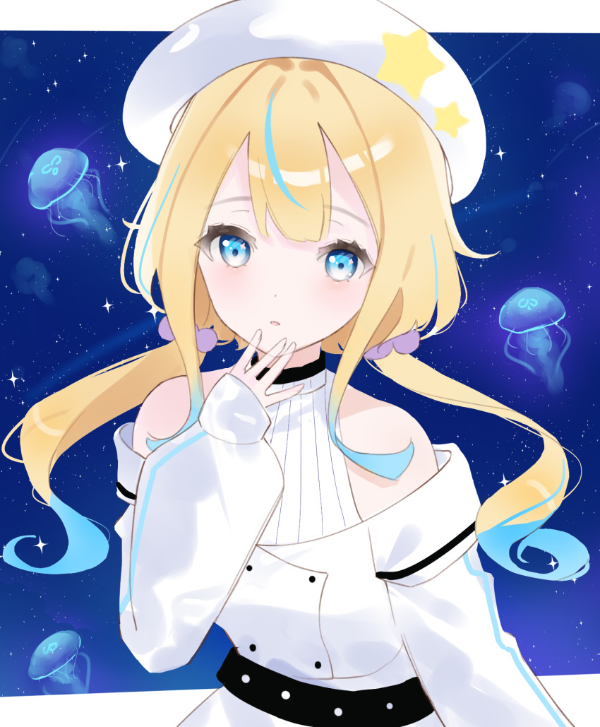 Safebooru - 1girl bare shoulders beret blonde hair blue eyes coat commentary request hand on own ...