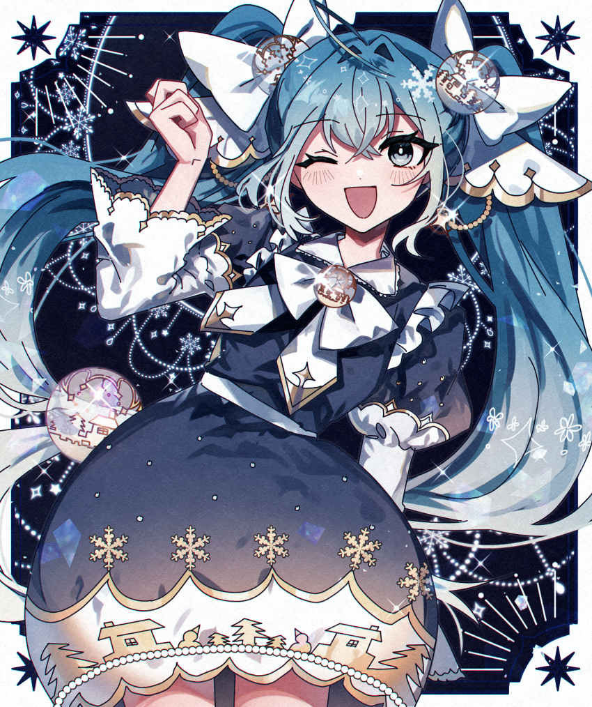 Safebooru - 1girl ;d ahoge arm up blue dress blue eyes blue hair blush commentary request danjou ...