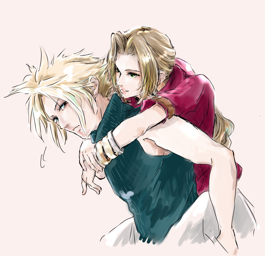 Safebooru - 1boy 1girl absurdres aerith gainsborough aqua eyes arms around neck bangle blonde ...