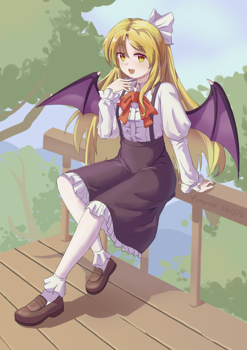 Safebooru - 1girl absurdres artist name bat wings black skirt blonde hair blush bow bowtie brown ...