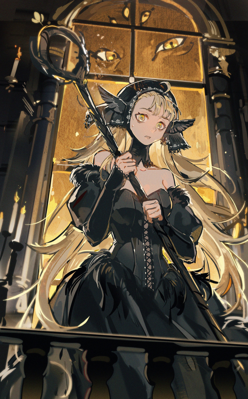 Safebooru - 1girl absurdres ahoge asymmetrical bangs bare shoulders black dress blonde hair ...