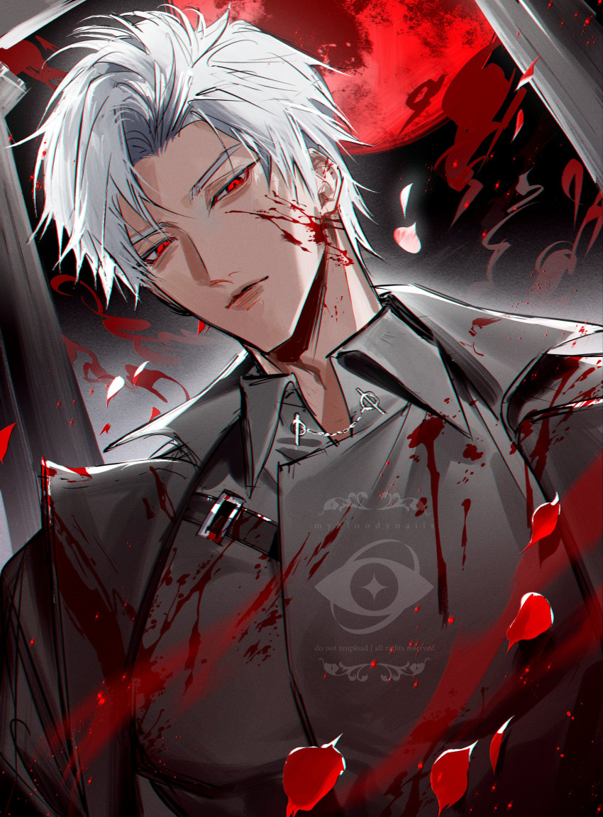 Safebooru - 1boy absurdres belt black jacket black shirt blood blood on clothes blood on face ...