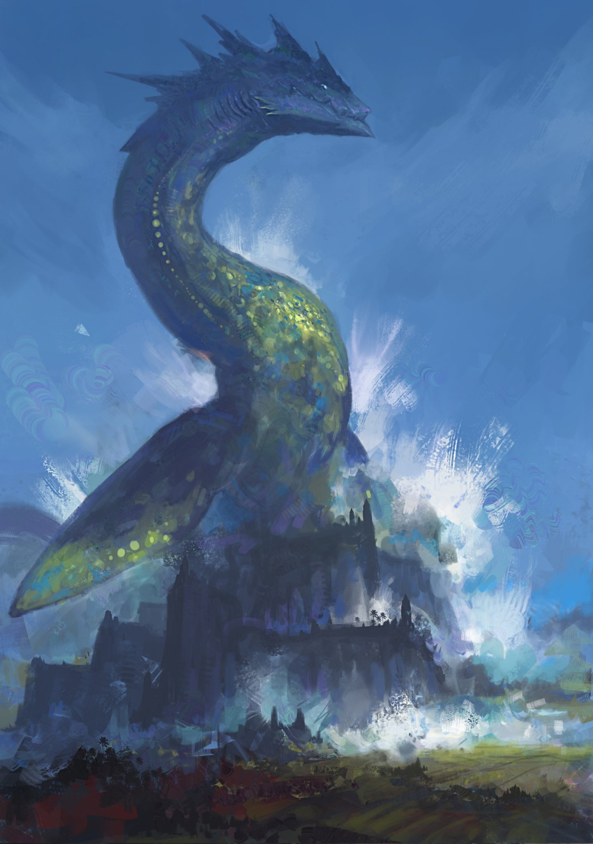 Safebooru - animal focus blue sky day dragon faux traditional media ...