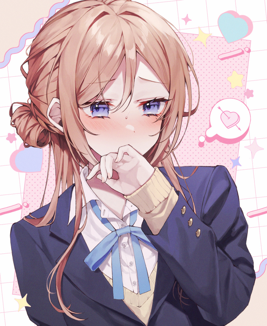 Safebooru - 1girl arrow through heart blazer blue eyes blue jacket blush brown hair commentary ...