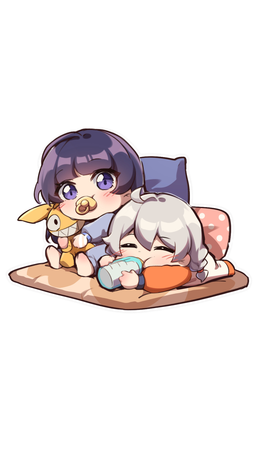 Safebooru - 2girls ahoge baby blunt bangs bottle braid chibi closed ...