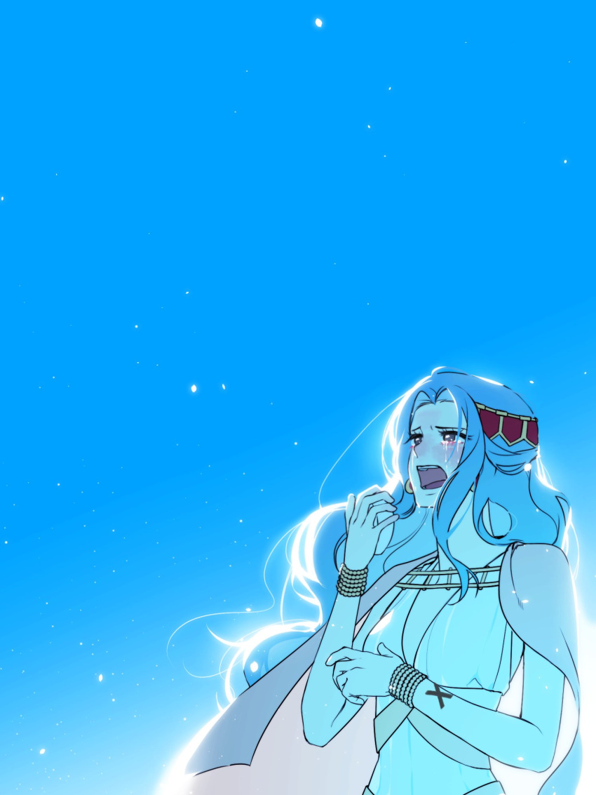 Safebooru - 1girl blue eyes blush bracelet cape crying dress earrings floating hair half updo ...