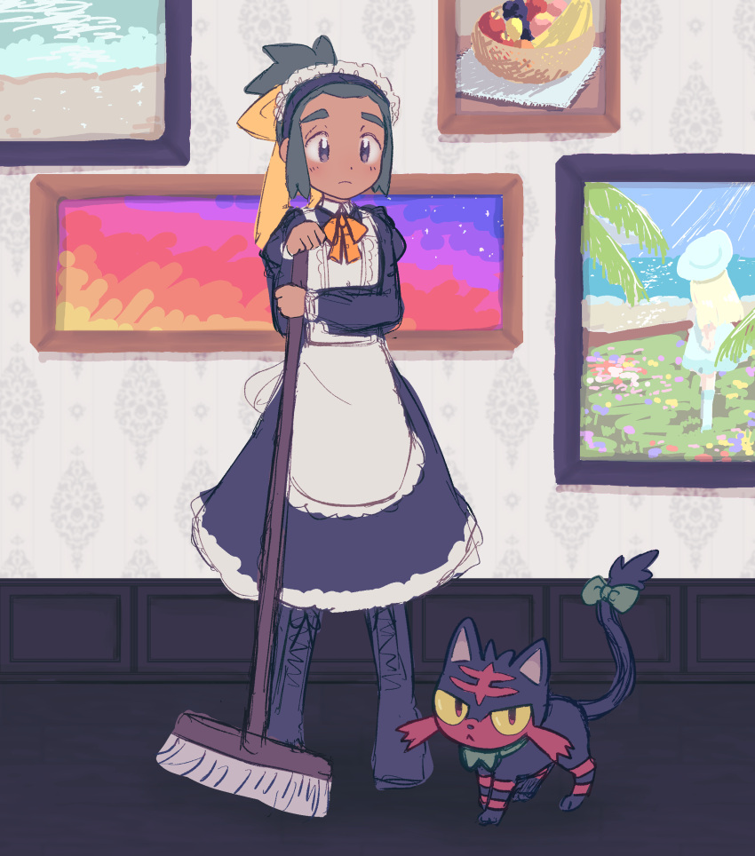 Safebooru - 1boy absurdres alternate costume animal ears apron black footwear broom cat ears cat ...