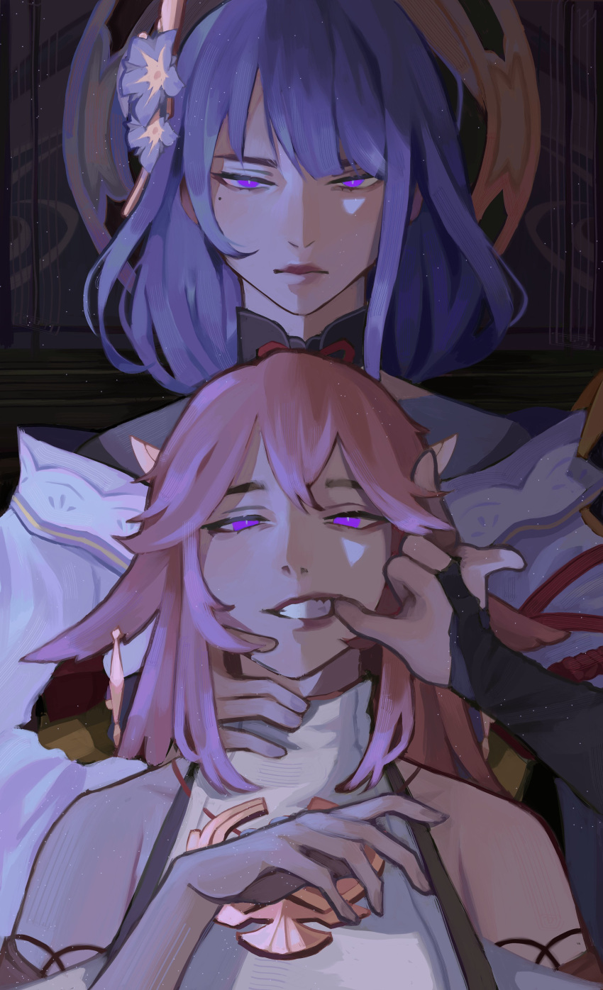 Safebooru - 2girls absurdres animal ears armpit crease arms up bare shoulders behind another ...