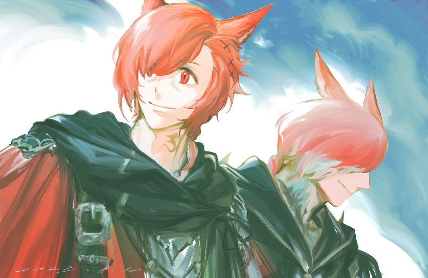 Safebooru - 2boys animal ears archon mark black scarf blue sky cat boy cat ears clouds cloudy ...