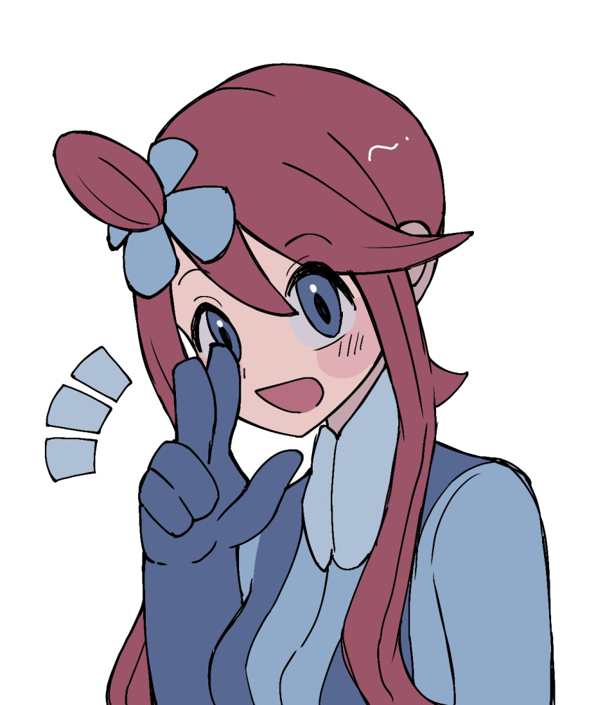 Safebooru - 1girl :d blue eyes blush stickers commentary request gloves hair ornament hand up ...