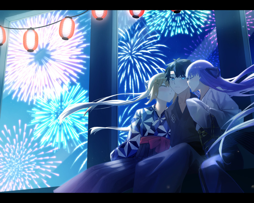 Safebooru - 1boy 2girls aerial fireworks artoria caster (fate) artoria ...