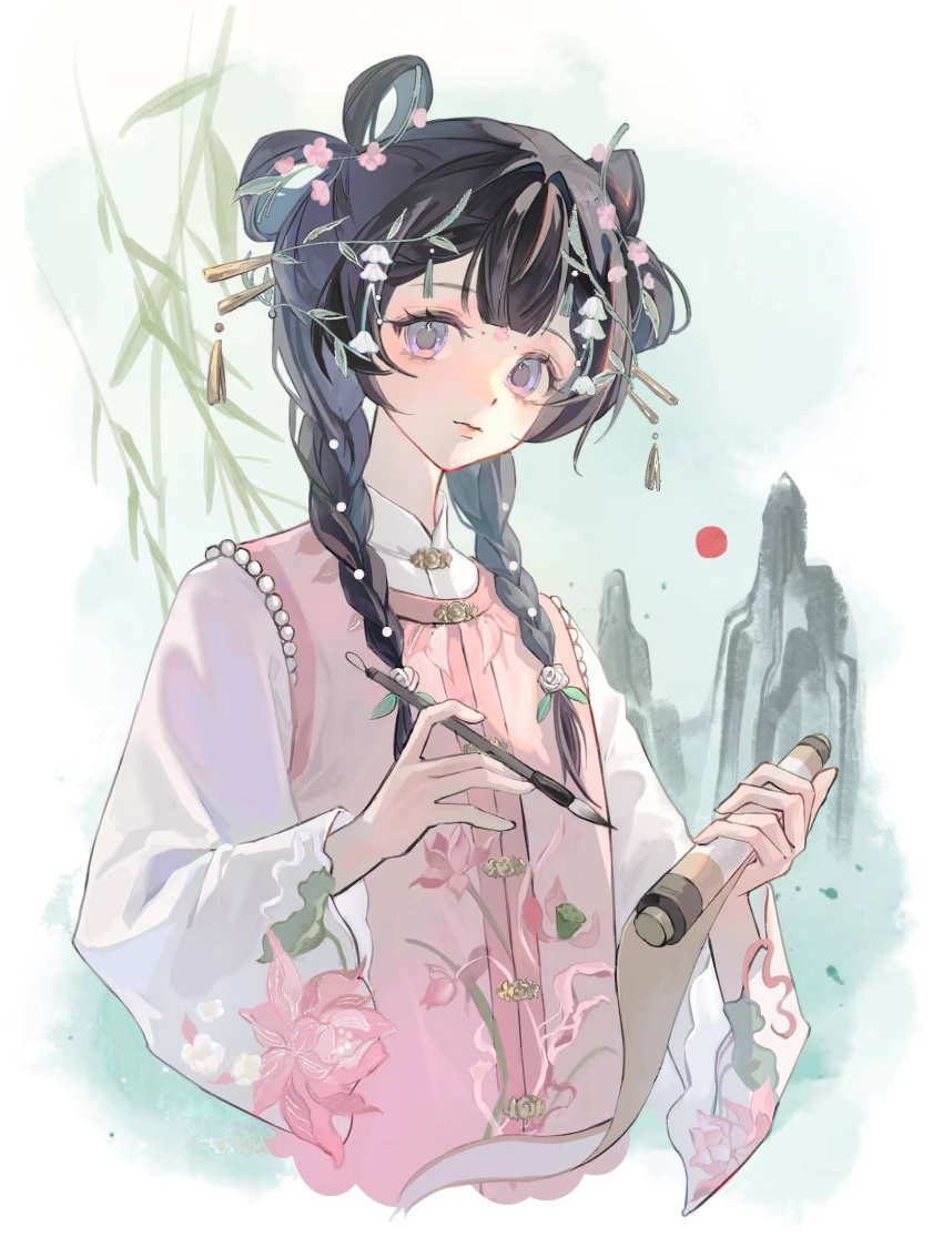 Safebooru - 1girl bamboo black hair braid calligraphy brush chinese clothes closed mouth ...