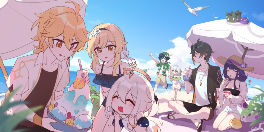 Safebooru - 3boys 4girls absurdres aether (genshin impact) ahoge antenna hair arm up armband ...