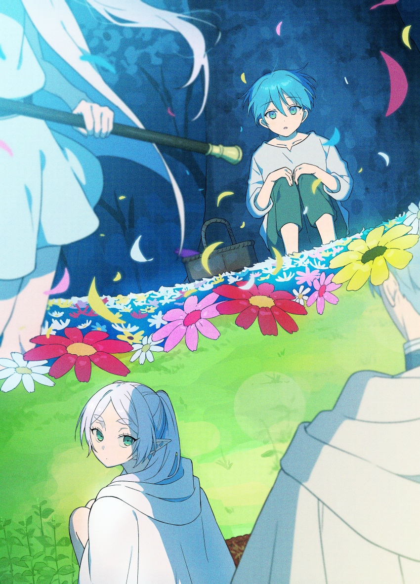Safebooru - 1boy 1girl absurdres age progression ayuppe basket blue eyes blue hair cloak ...