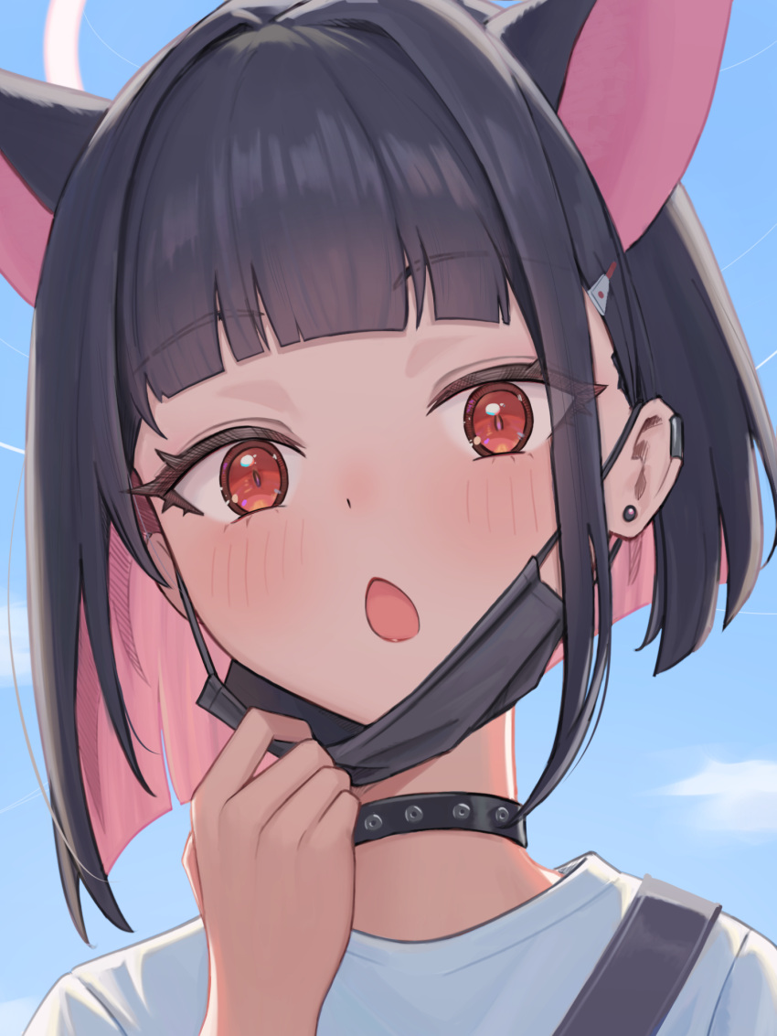 Safebooru - 1girl black hair black mask blue archive blue sky close-up ...
