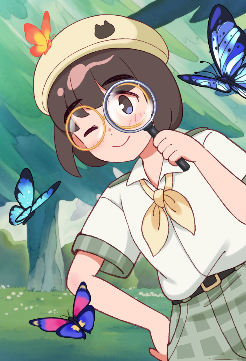 Safebooru - 1girl absurdres aragon honnin blue eyes blush brown hair bug butterfly closed mouth ...