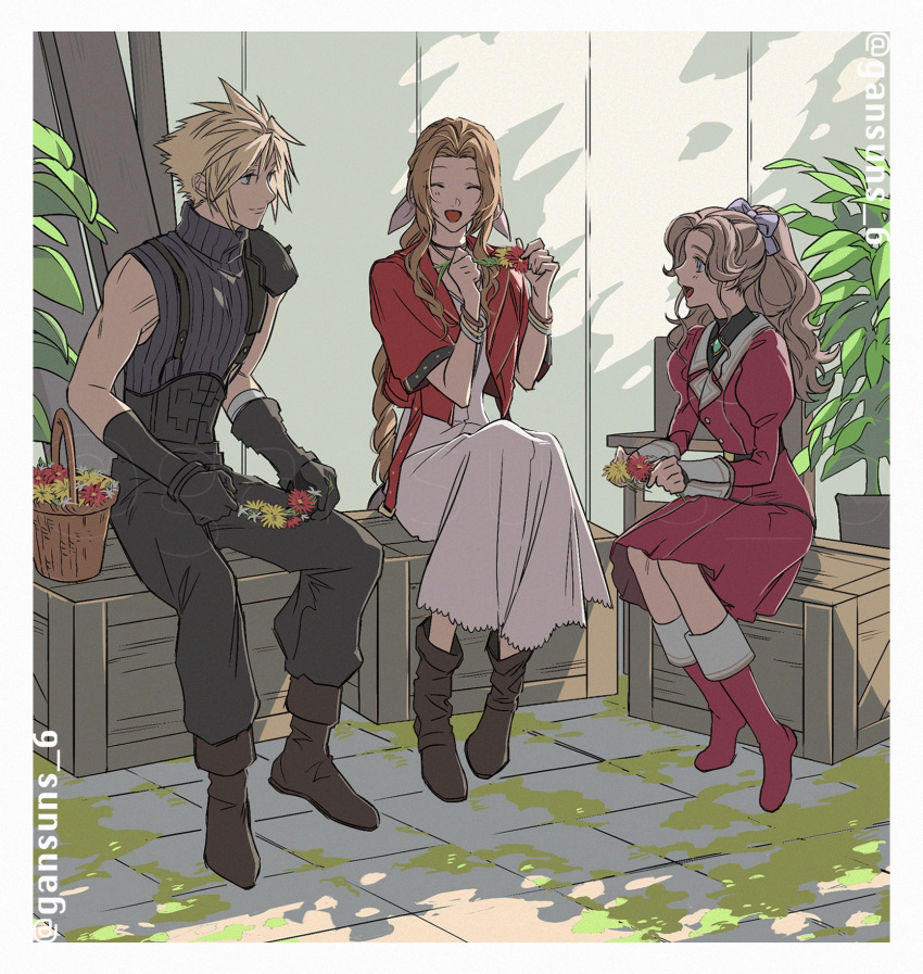 Safebooru - 1boy 2girls aerith gainsborough armor baggy pants bandaged arm bandages bangle belt ...