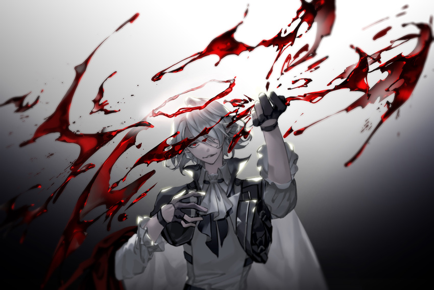 Safebooru - 1boy arknights ascot backlighting black background black gloves black jacket blood ...