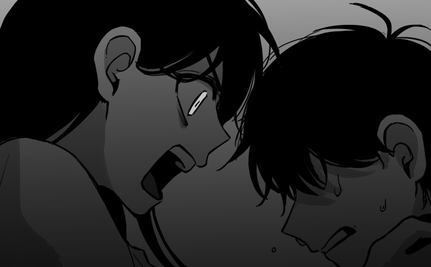 Safebooru - 1boy 1girl angry crying faceless faceless male greyscale highres k toast long hair ...
