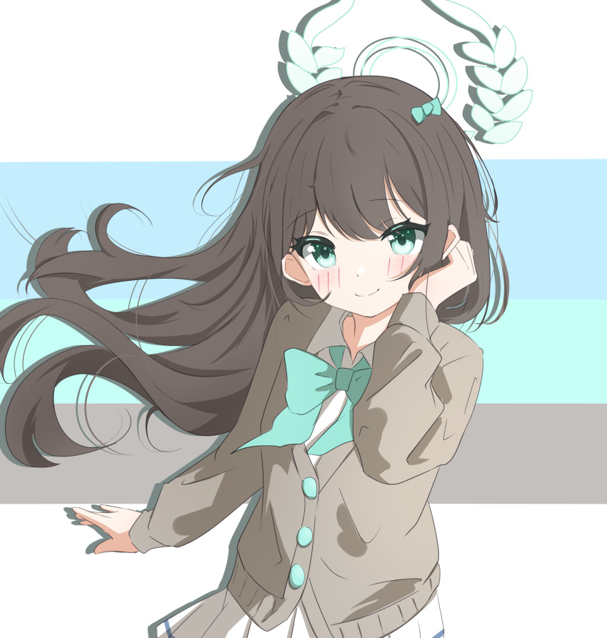 Safebooru - 1girl absurdres airi (blue archive) aqua bow aqua eyes arm up blue archive blush bow ...