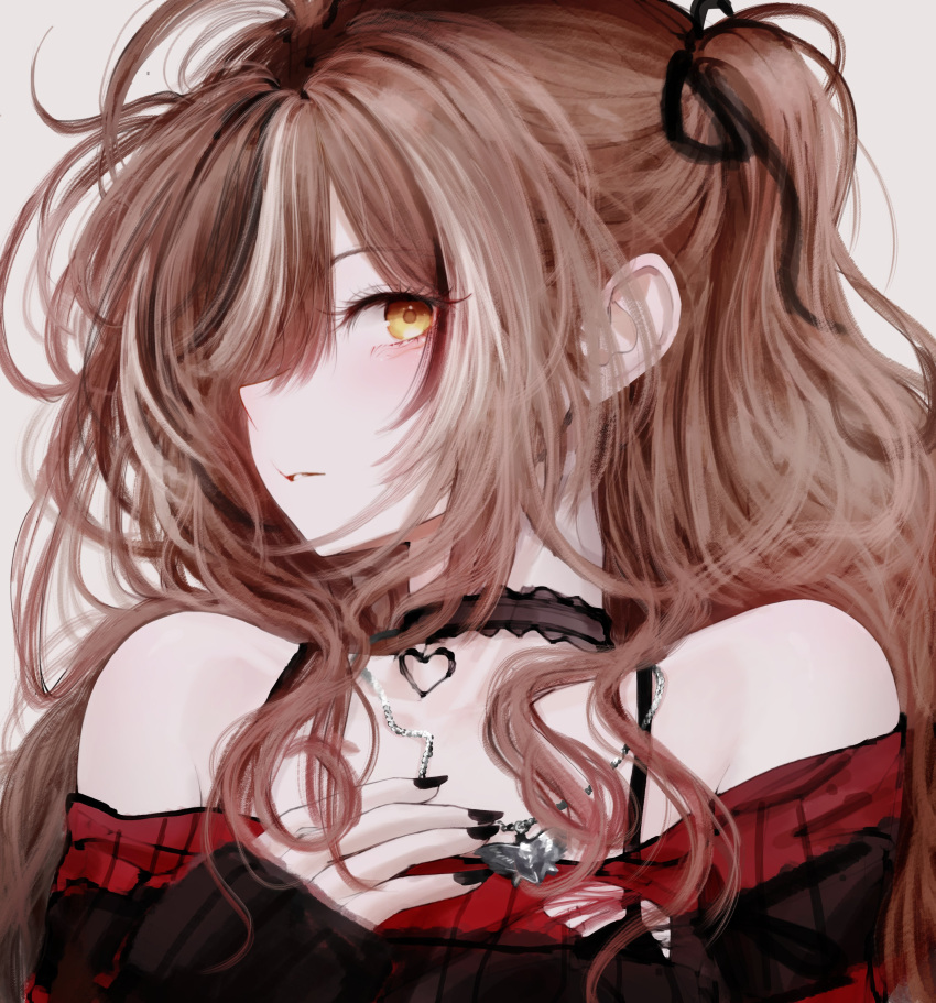 Safebooru - 1girl absurdres ahoge black choker black nails black ribbon black sweater brown eyes ...