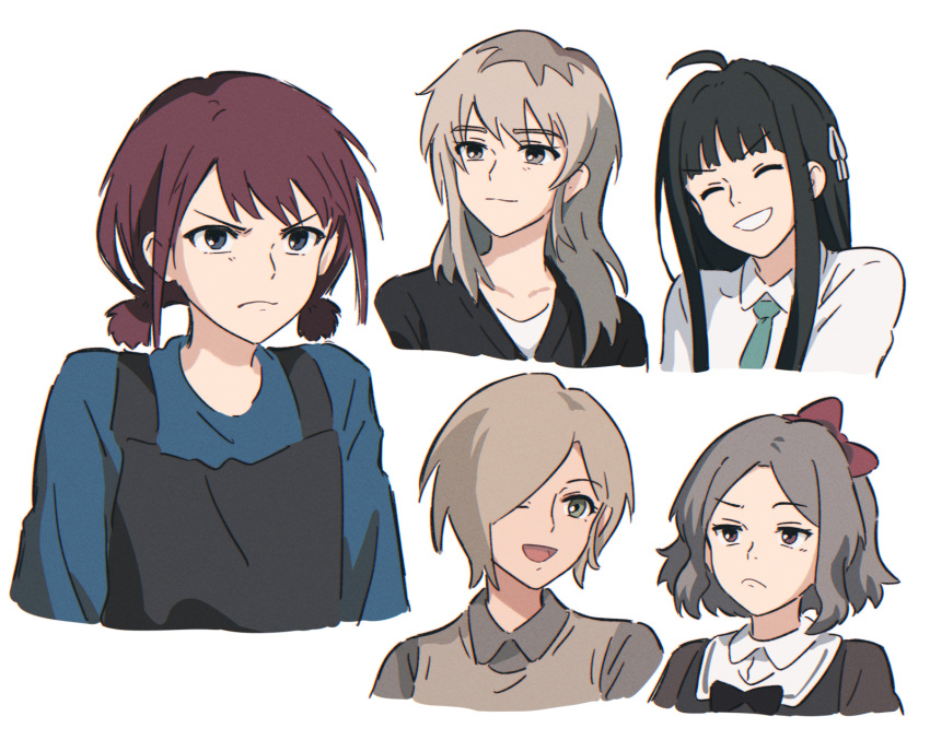 Safebooru - 5girls ^ ^ ahoge awa subaru black bow black bowtie black hair black overalls black ...