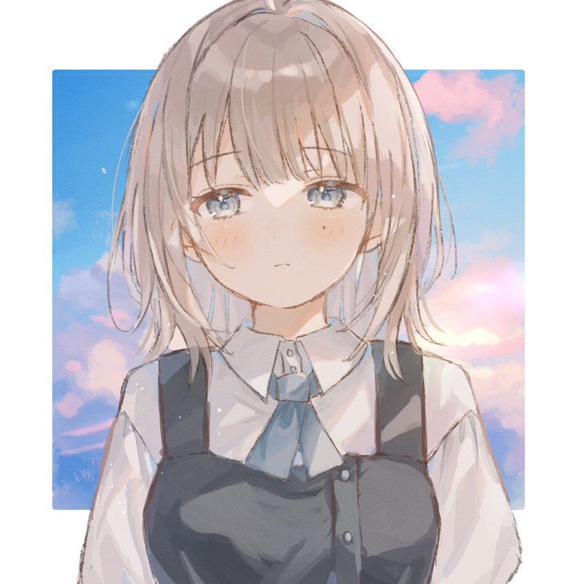 Safebooru - 1girl black dress blue sky blush breasts brown hair closed mouth clouds collared ...