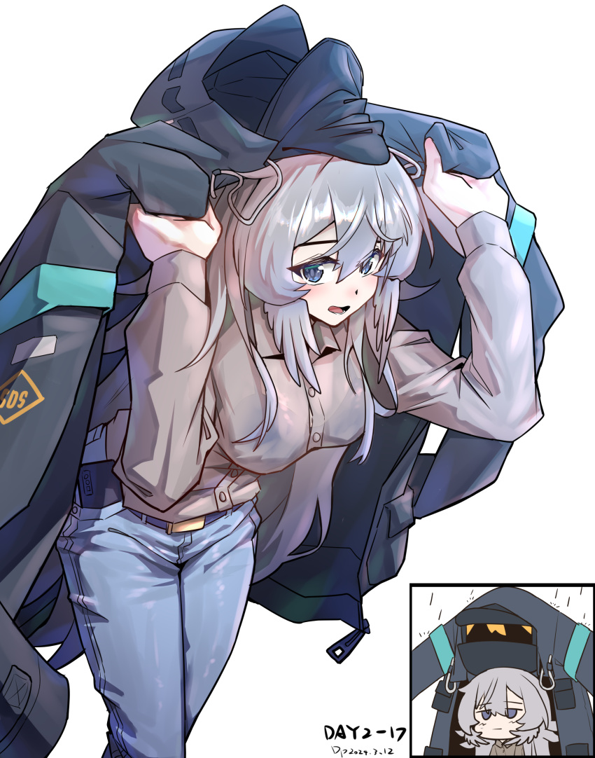 Safebooru - 1girl absurdres arknights belt blue eyes blush borrowed clothes cellphone commentary ...