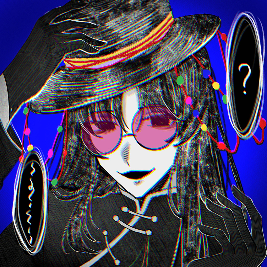 Safebooru - 1boy ? beads black eyes black gloves black hair black hat black shirt blue ...