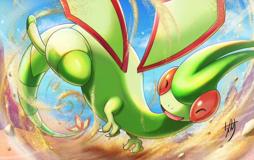 Safebooru - :d claws closed eyes clouds commentary request day flygon flying happy no humans ...