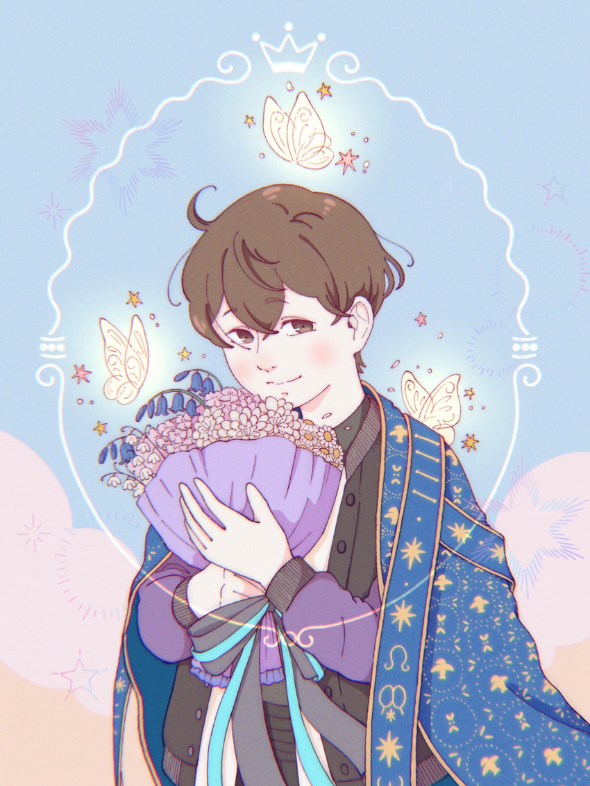 Safebooru - 1girl absurdres bouquet brown eyes brown hair bug butterfly highres holding holding ...