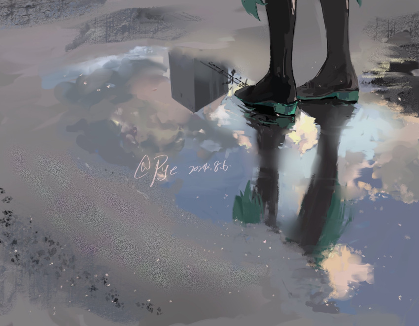 Safebooru - 1girl aqua hair black footwear clouds cloudy sky colored shoe soles dated commentary ...