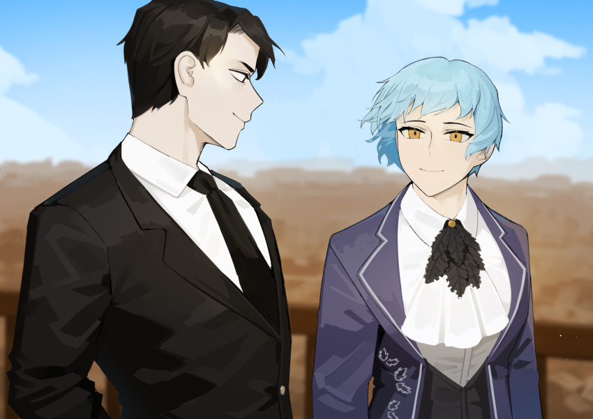 Safebooru - 1boy 1girl angela (project moon) ascot balcony black jacket black necktie black vest ...