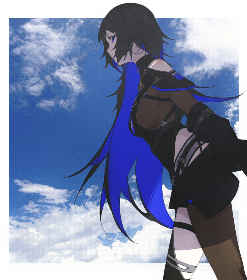 Safebooru - 1girl asymmetrical legwear bare shoulders black hair black jacket blue eyes blue ...