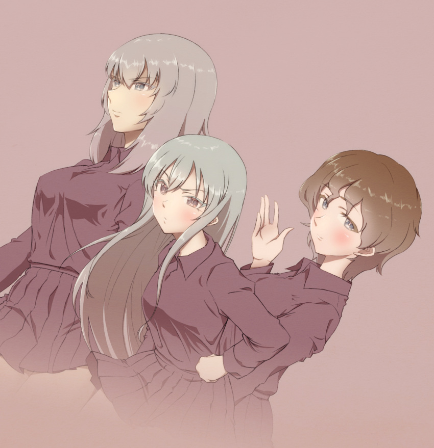 Safebooru - 3girls akaboshi koume blue eyes brown eyes brown hair commentary request dress shirt ...