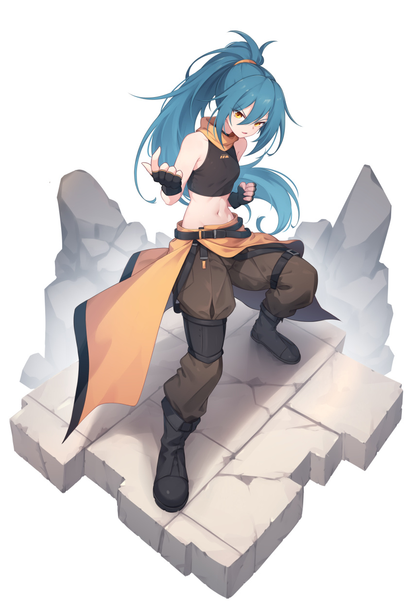 Safebooru - 1girl absurdres bare shoulders black footwear black gloves blue hair boots crop top ...